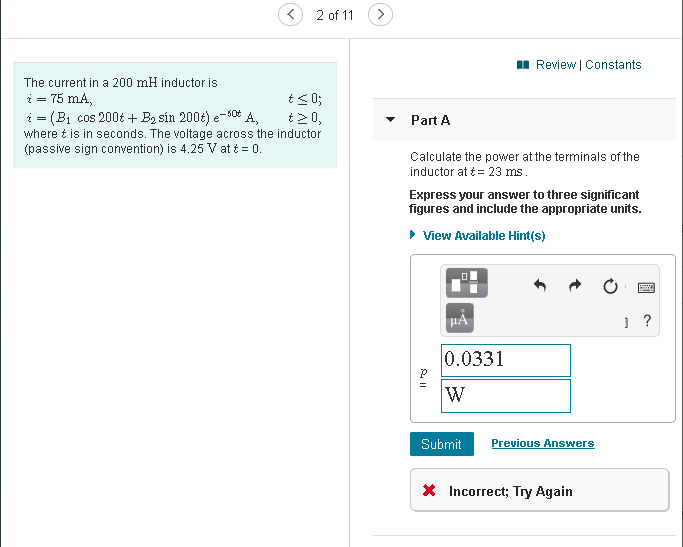 Solved 2 of 11 > Review Constants The current in a 200 mH | Chegg.com