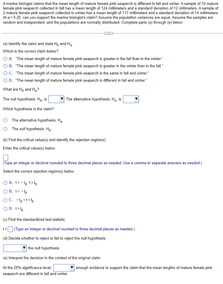 Solved A marine biologist claims that the mean length of | Chegg.com
