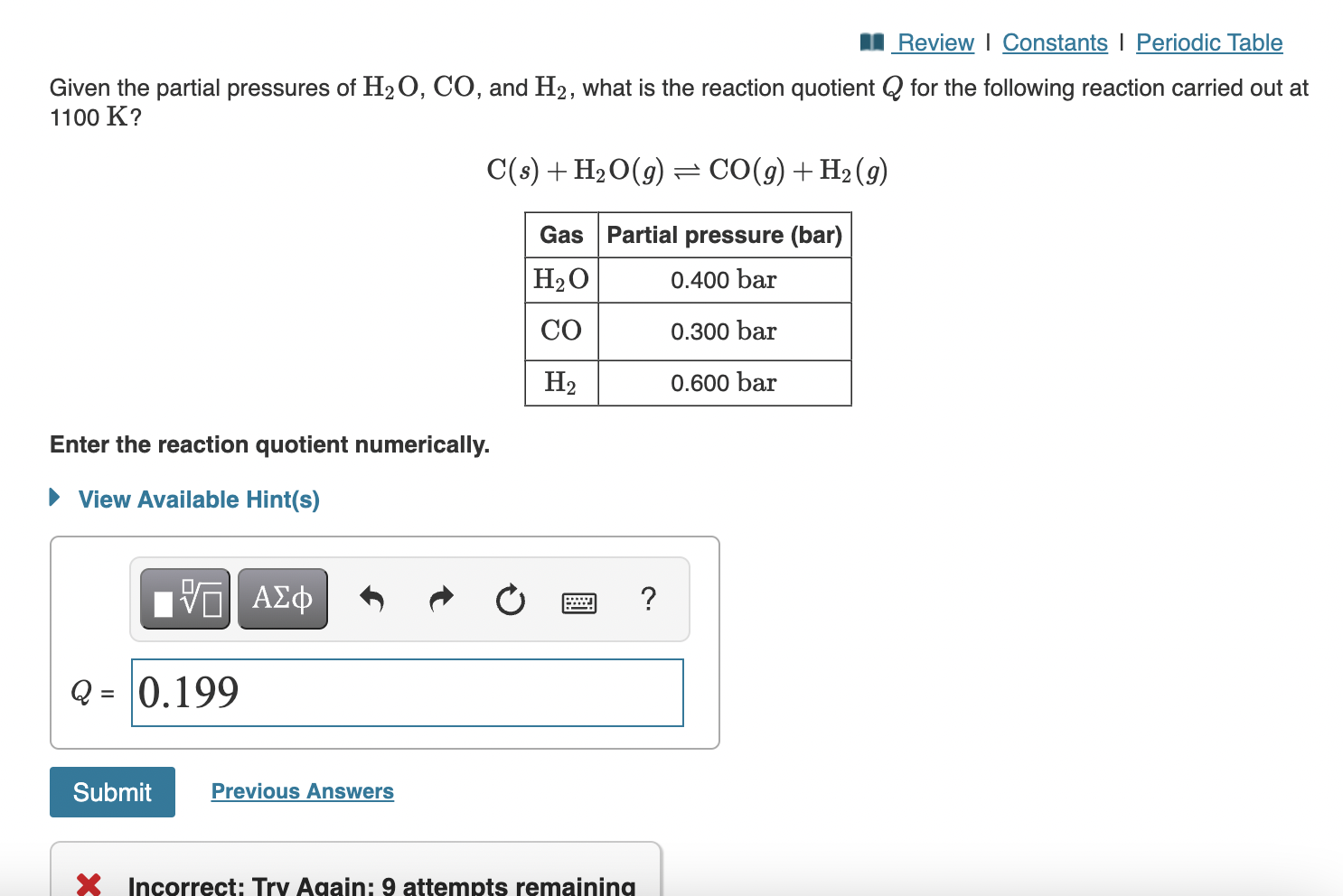 Solved Given the partial pressures of H2O,CO, and H2, what | Chegg.com