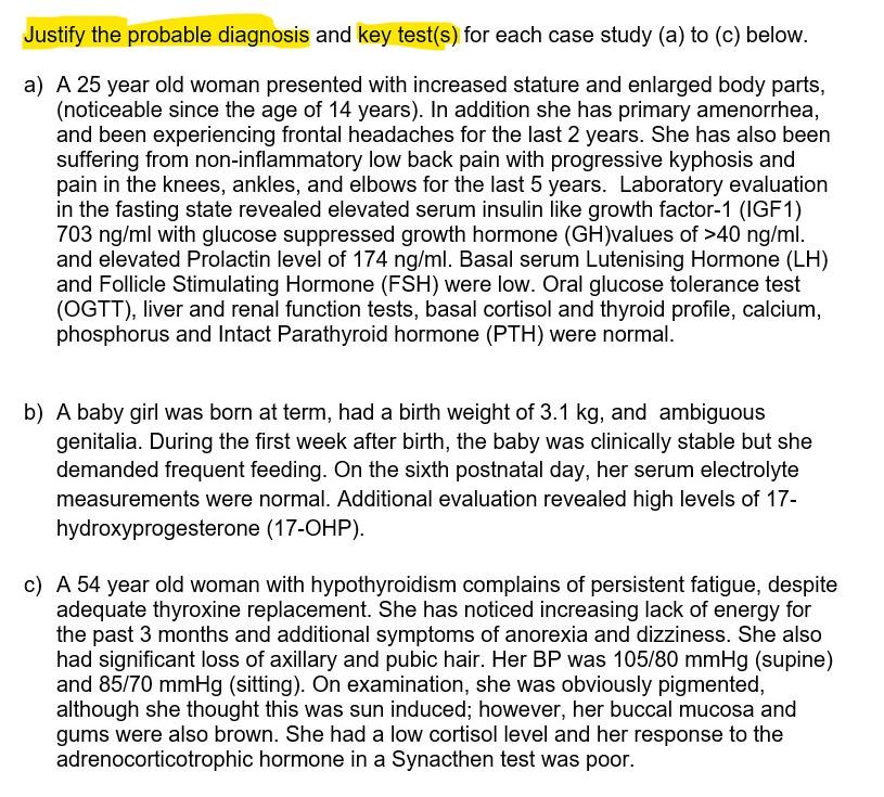 Solved Justify the probable diagnosis and key test(s) for | Chegg.com