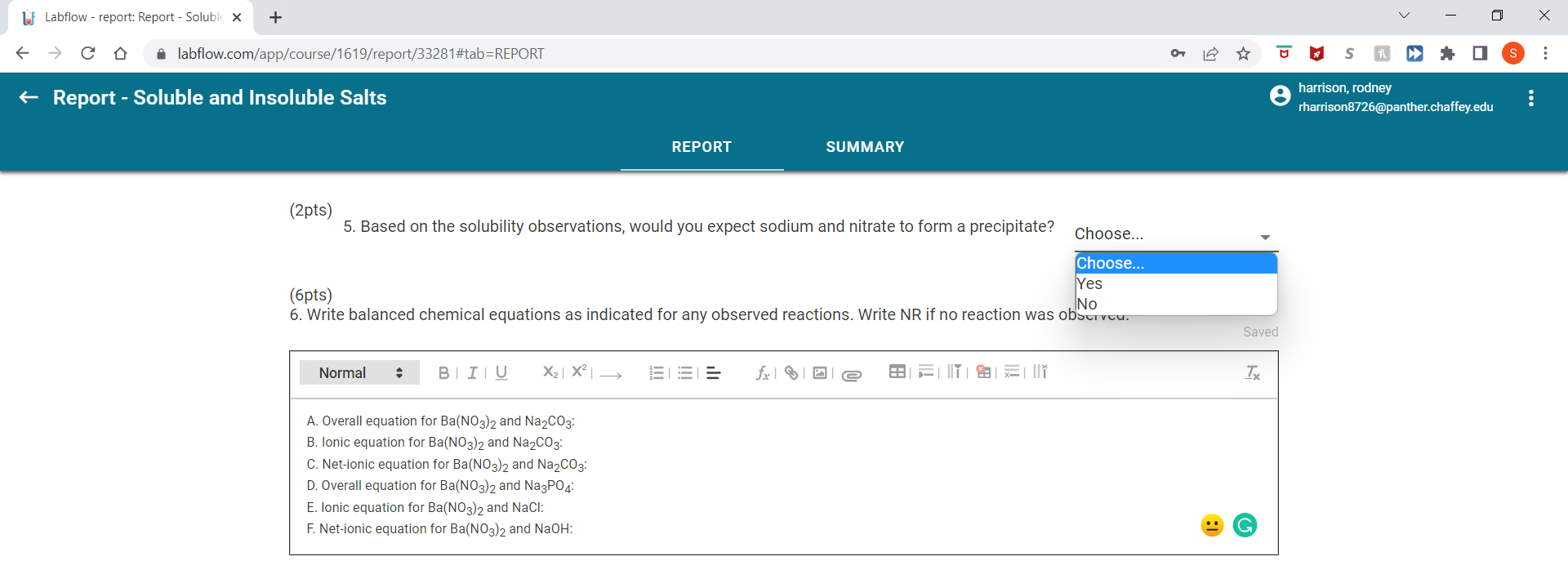 Solved Labllow - report: Report - Soluble x + S OS → Co • | Chegg.com