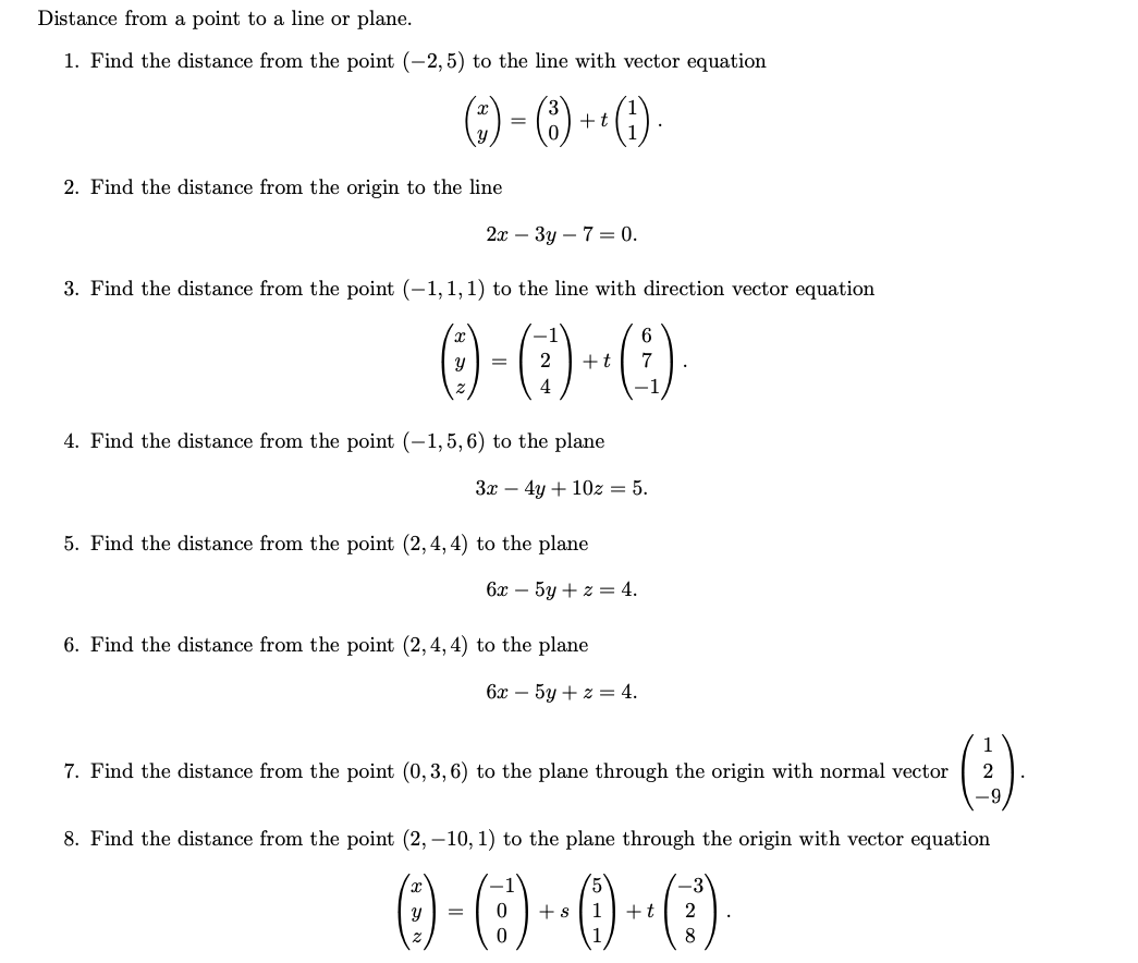 Solved Distance from a point to a line or plane. 1. Find the | Chegg.com
