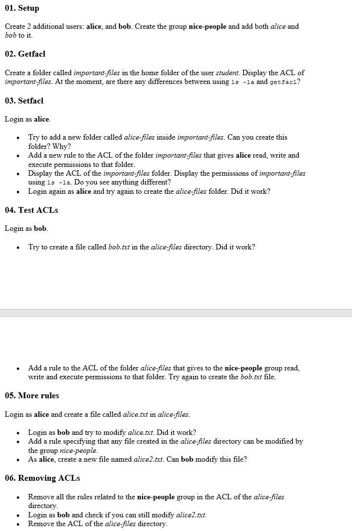 01. Setup Create 2 additional users: alice, and bob. | Chegg.com