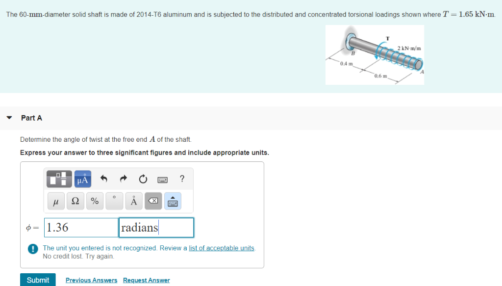 Solved The 60-mm-diameter solid shaft is made of 2014-T6 | Chegg.com