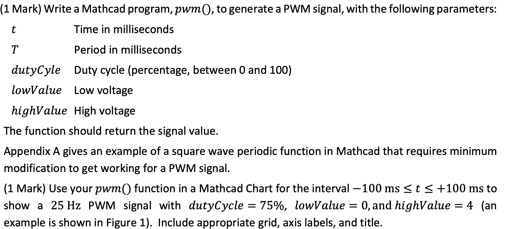 Solved (1 Mark) Write a Mathcad program, pwm(), to generate | Chegg.com