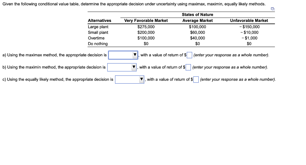 Solved a) Using the maximax method, the appropriate decision | Chegg.com
