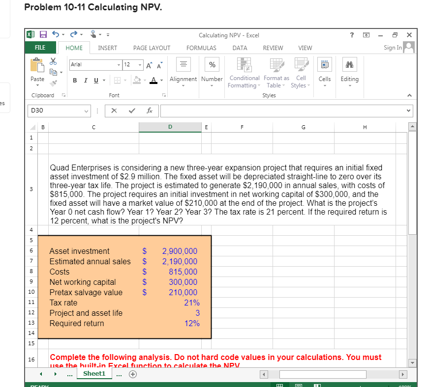 Solved Problem 10-11 Calculating NPV. Calculating NPV - | Chegg.com