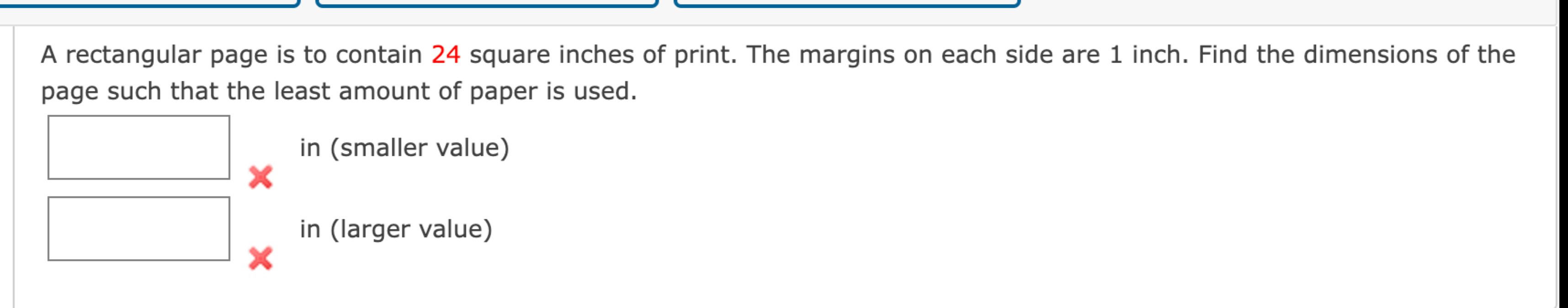 Solved A rectangular page is to contain 24 ﻿square inches of | Chegg.com