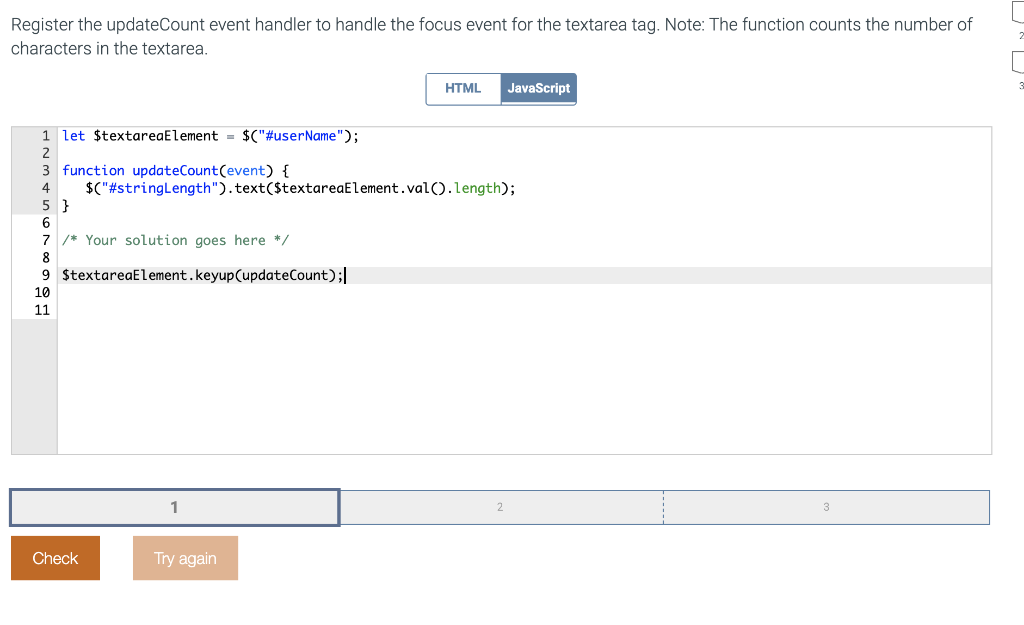 Solved Register the updateCount event handler to handle the | Chegg.com