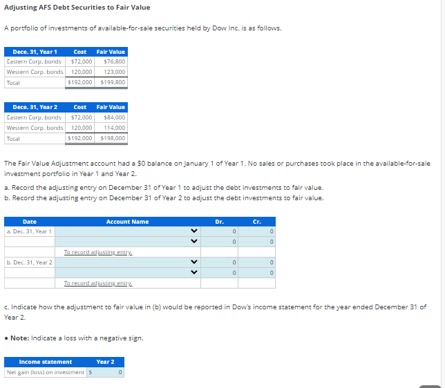 Solved Adjusting AFS Debt Securities to Fair Value A | Chegg.com