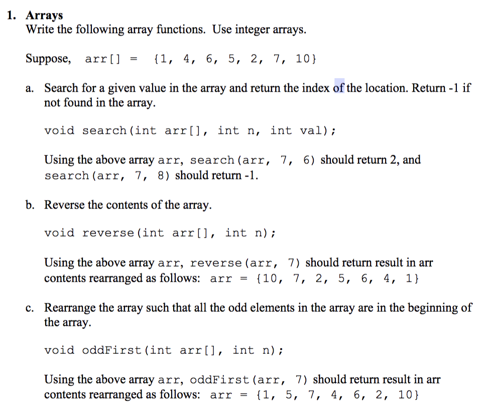 Solved 1. Arrays Write the following array functions. Use | Chegg.com