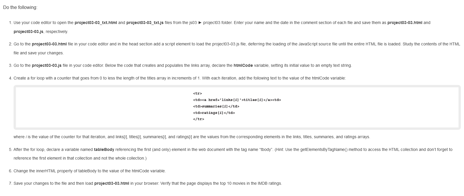 Solved project03-03.js, respectively. file and save your | Chegg.com