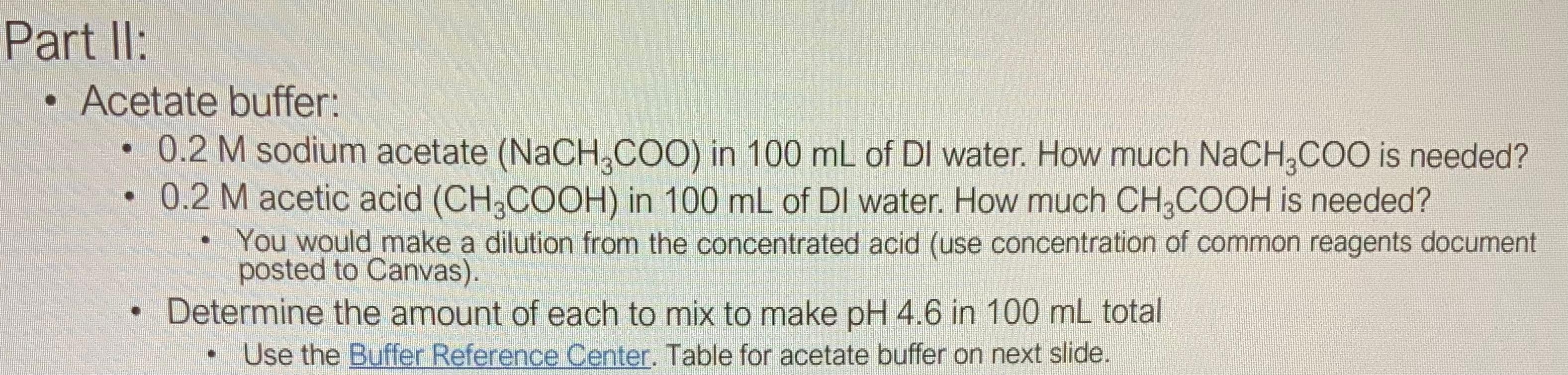 Solved Part II: • Acetate buffer: • 0.2 M sodium acetate | Chegg.com