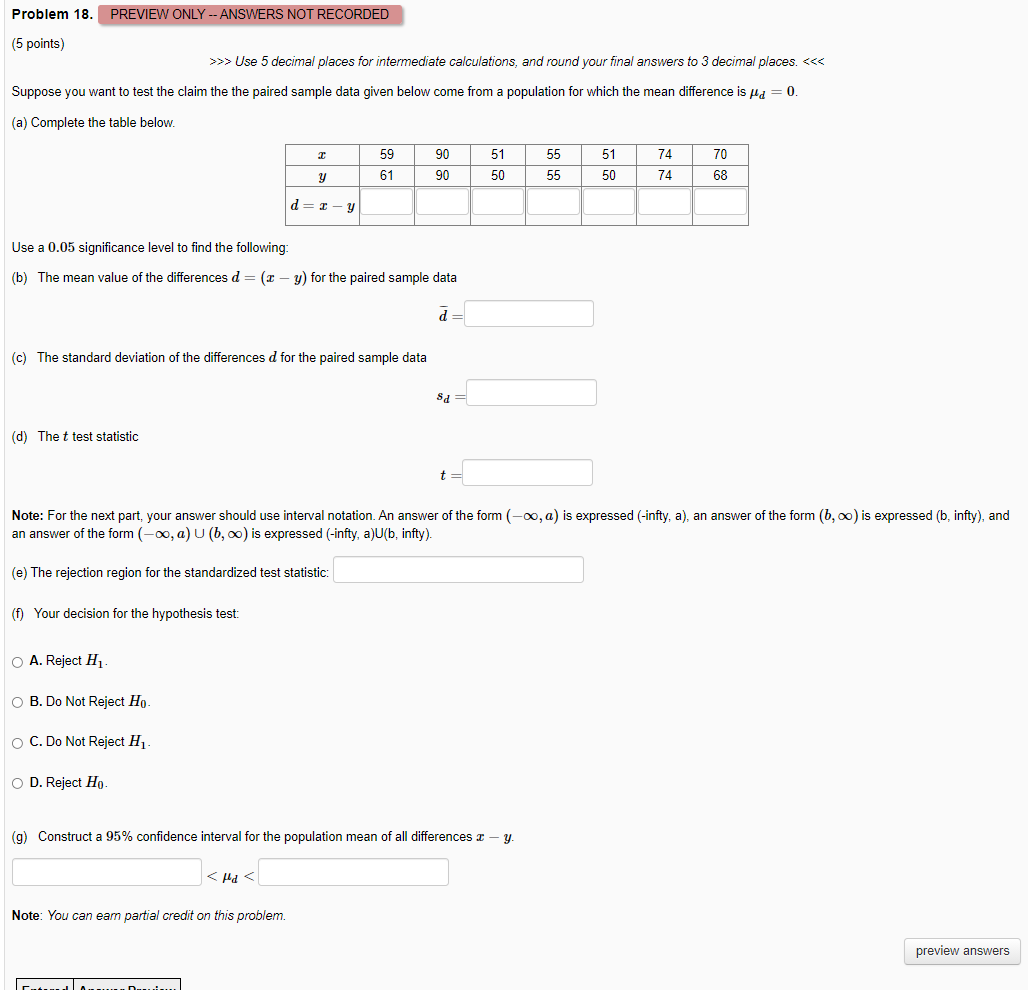 Solved Problem 18. PREVIEW ONLY -- ANSWERS NOT RECORDED (5 | Chegg.com