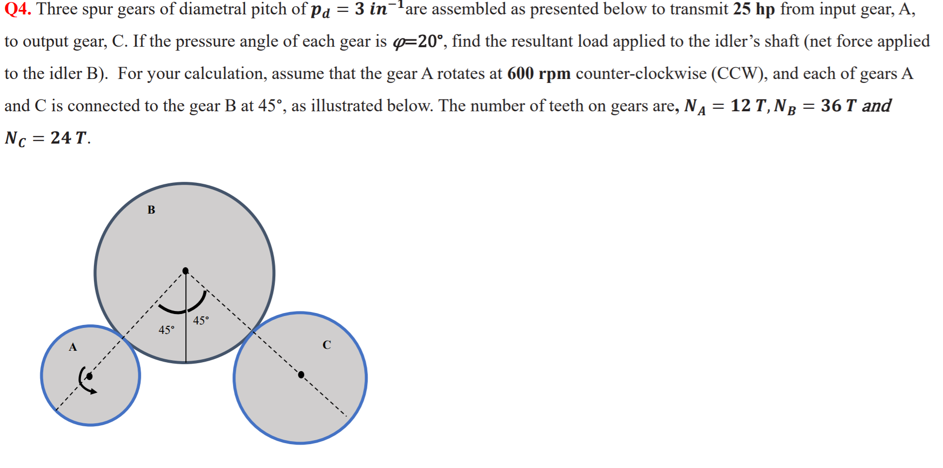Solved = Q4. Three spur gears of diametral pitch of Pd 3 | Chegg.com