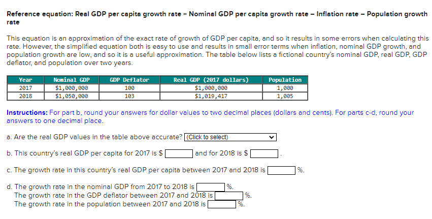 Solved Reference equation: Real GDP per capita growth rate = | Chegg.com