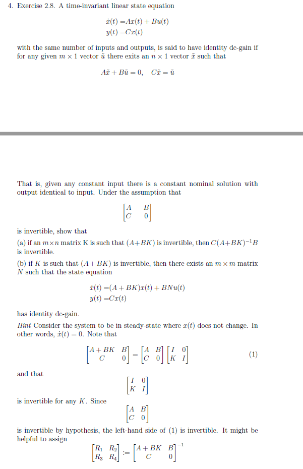 Solved 4. Exercise 2.8. A time-invariant linear state | Chegg.com