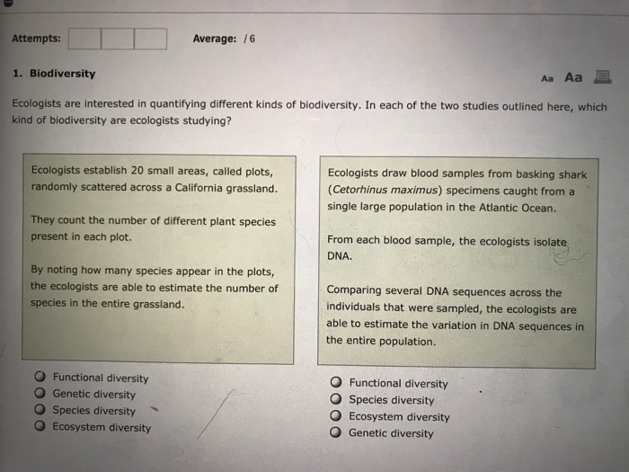Solved Attempts: Average: /6 1. Biodiversity Aa Aa | Chegg.com