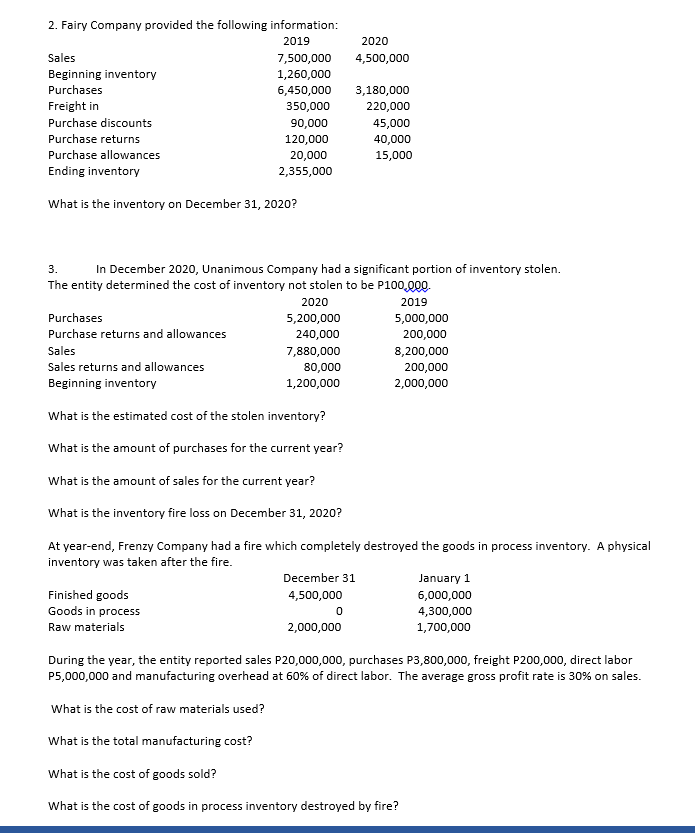 Solved 2020 4,500,000 2. Fairy Company provided the | Chegg.com