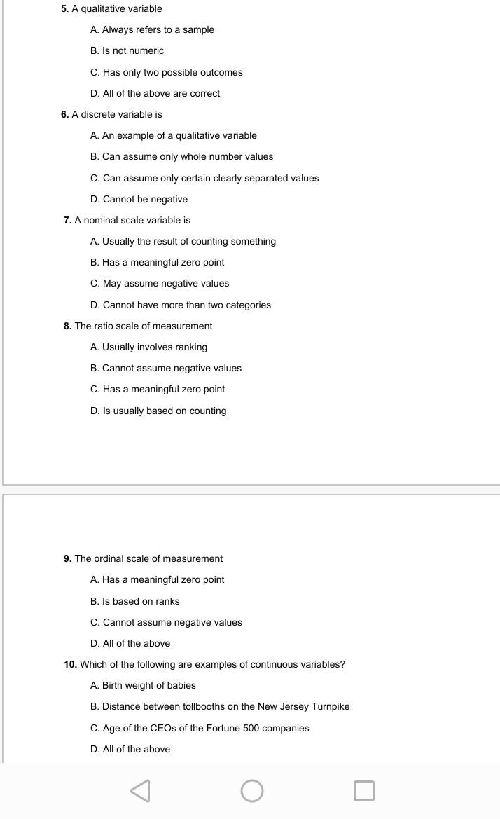 Solved 5. A qualitative variable A. Always refers to a | Chegg.com