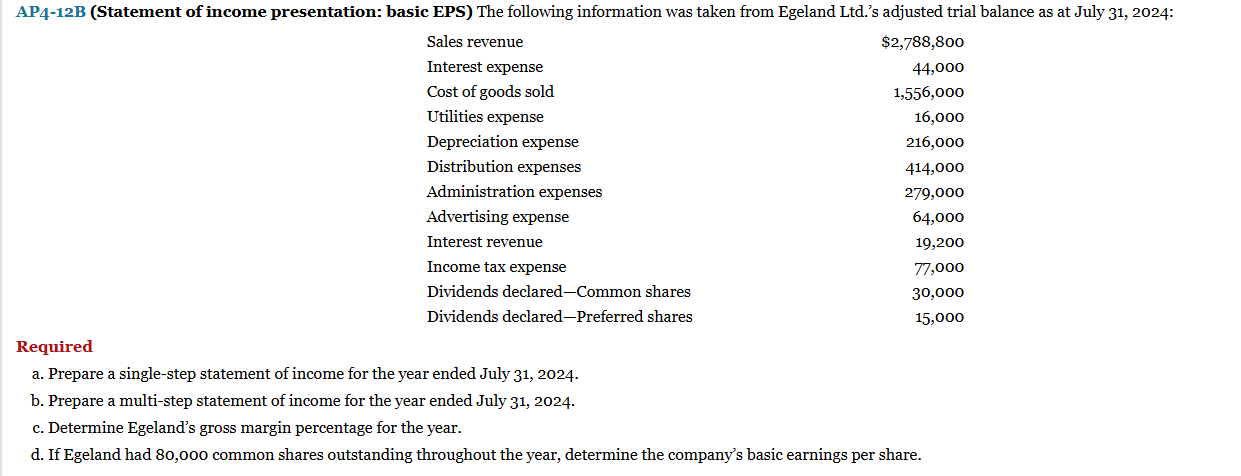 Solved AP4-12B (Statement of income presentation: basic EPS) | Chegg.com