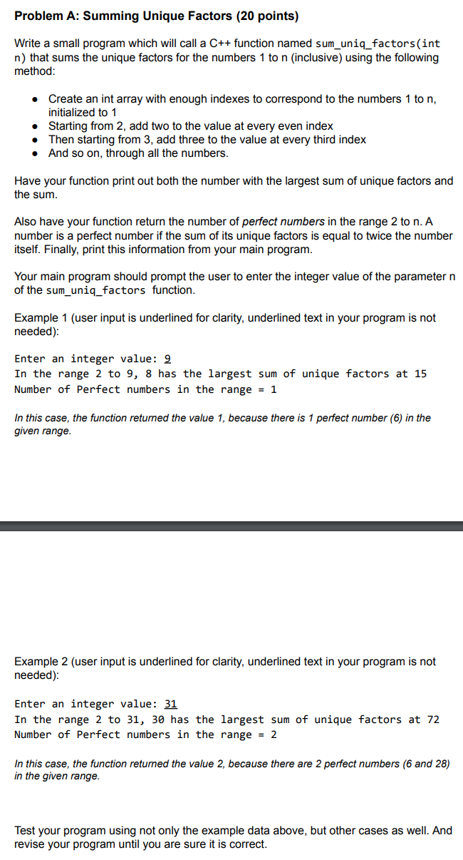Solved Problem A: Summing Unique Factors (20 points) Write a | Chegg.com