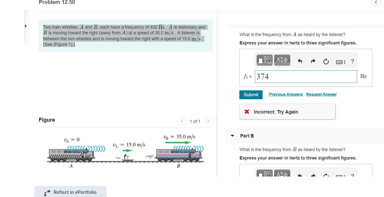 Solved Problem 12.50 Two train whistles, A and B, each have | Chegg.com