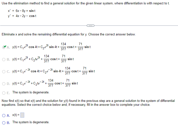 Solved Use the elimination method to find a general solution | Chegg.com