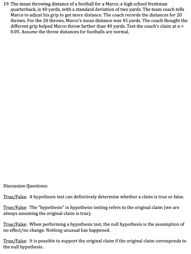 Solved 19. The mean throwing distance of a football for a | Chegg.com