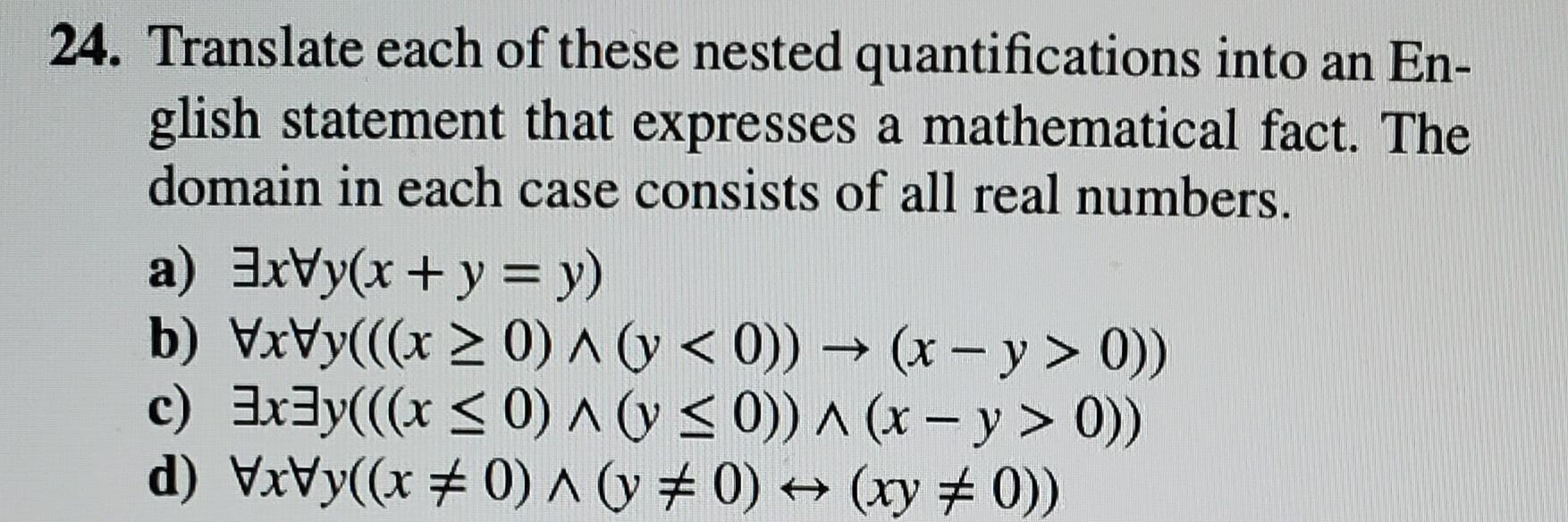 Solved 24. Translate each of these nested quantifications | Chegg.com