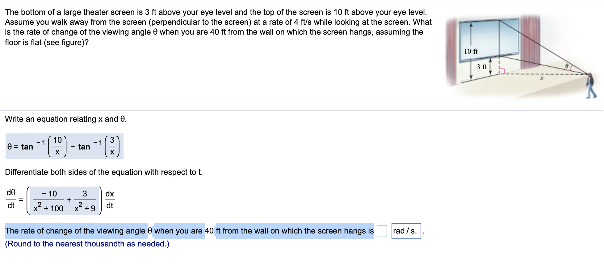 Solved The bottom of a large theater screen is 3 ft above | Chegg.com