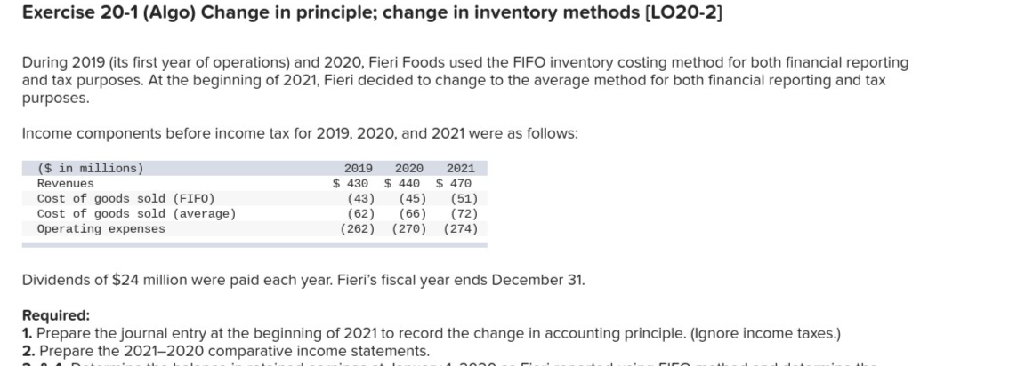 Solved Exercise 20-1 (Algo) Change in principle; change in | Chegg.com