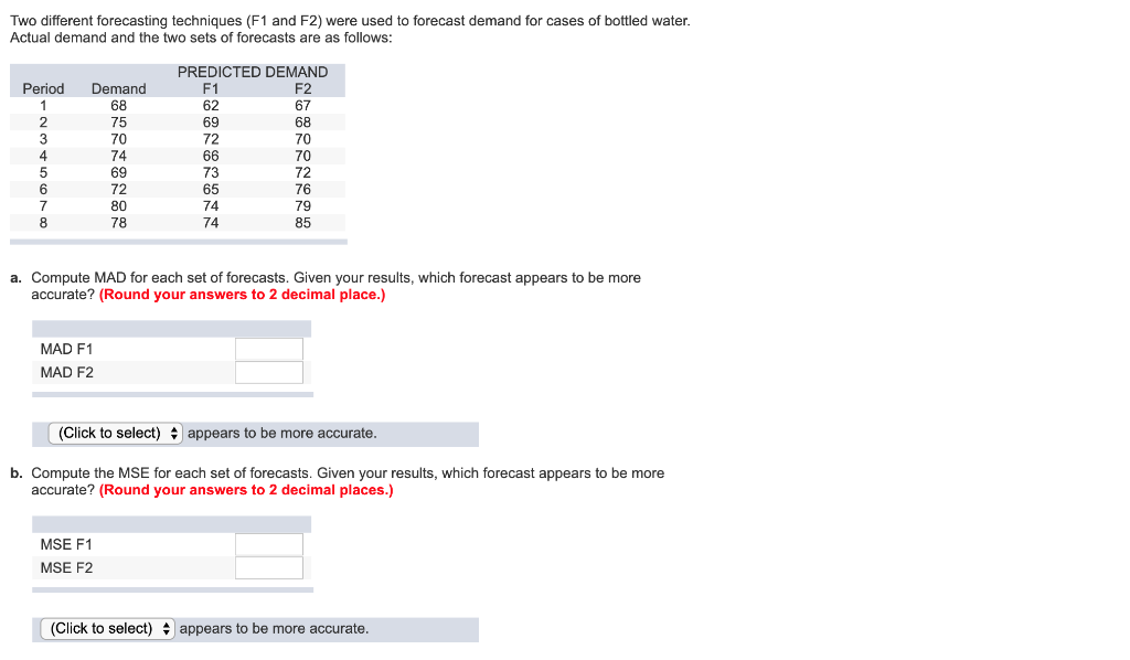 Solved Two different forecasting techniques (F1 and F2) were | Chegg.com