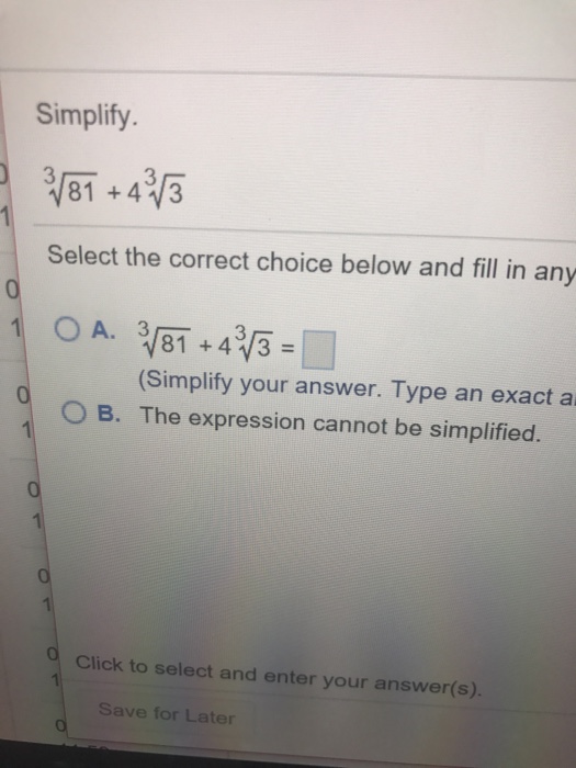 Solved Simplify. 3 squareroot 81 + 4 3 squareroot 3 Select | Chegg.com