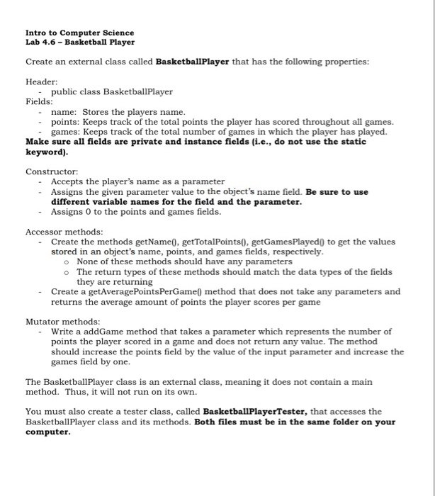 Solved Intro to Computer Science Lab 4.6 Basketball Player | Chegg.com