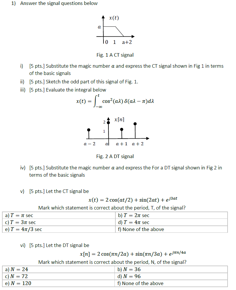 Solved 1) Answer the signal questions below + X(t) a 10 1 | Chegg.com