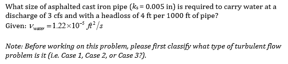 Solved What size of asphalted cast iron pipe (ks = 0.005 in) | Chegg.com