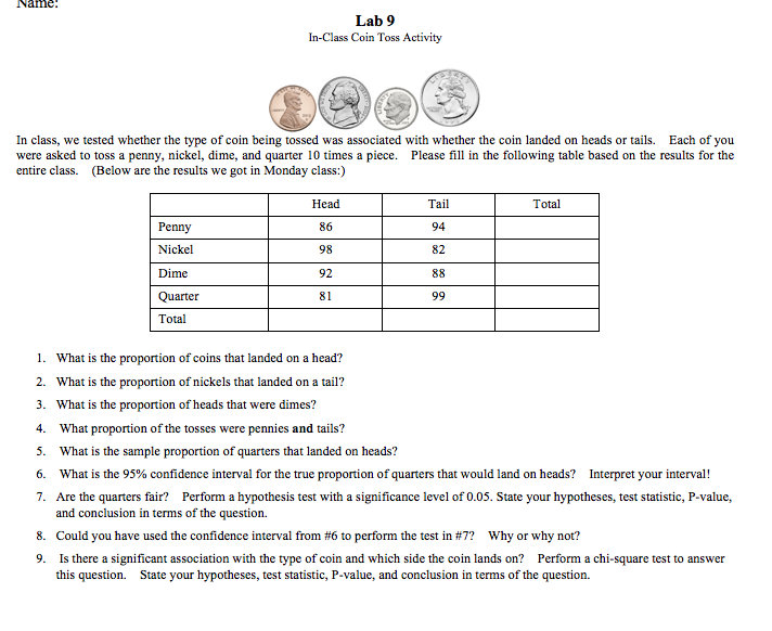 Solved Nathe. Lab 9 In-Class Coin Toss Activity In class, we | Chegg.com