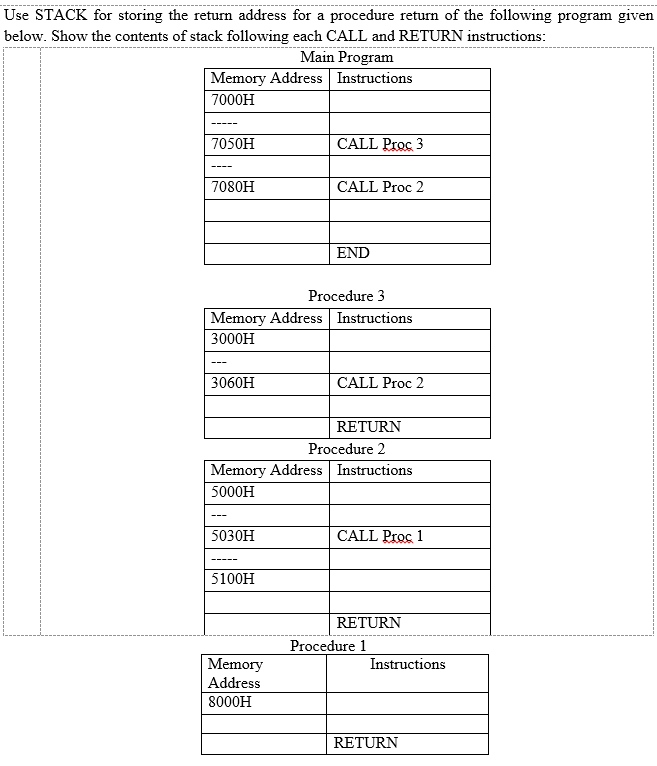 Solved Use STACK for storing the return address for a | Chegg.com