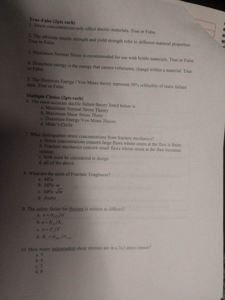Solved True-False (2pts each) 1. Stress concentrations only | Chegg.com
