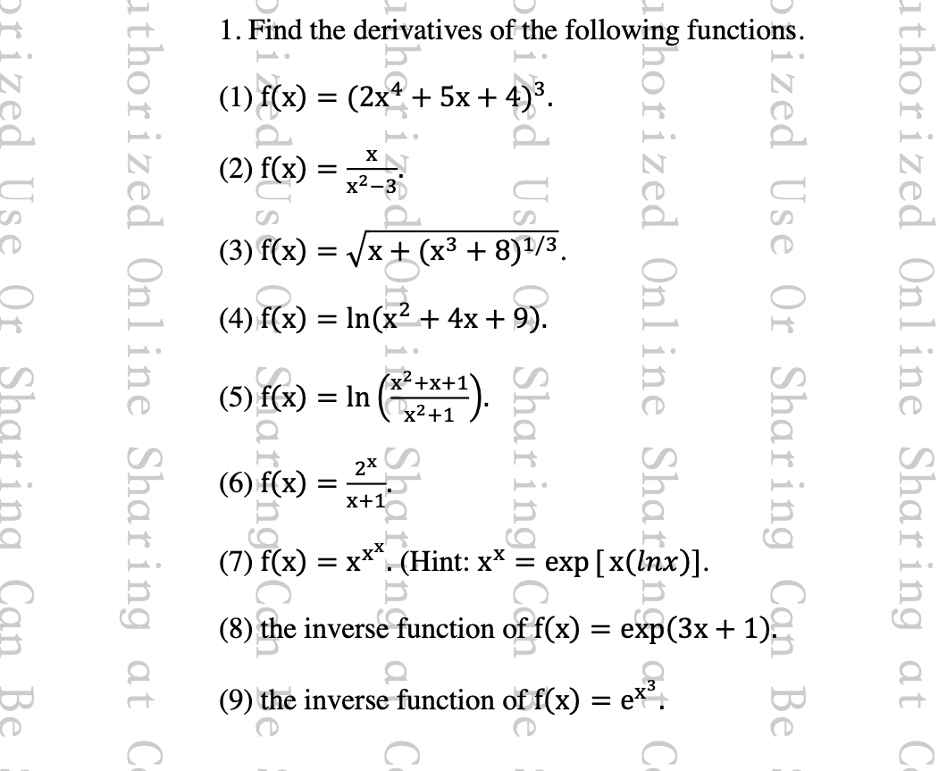 1. Find the derivatives of the following functions. | Chegg.com