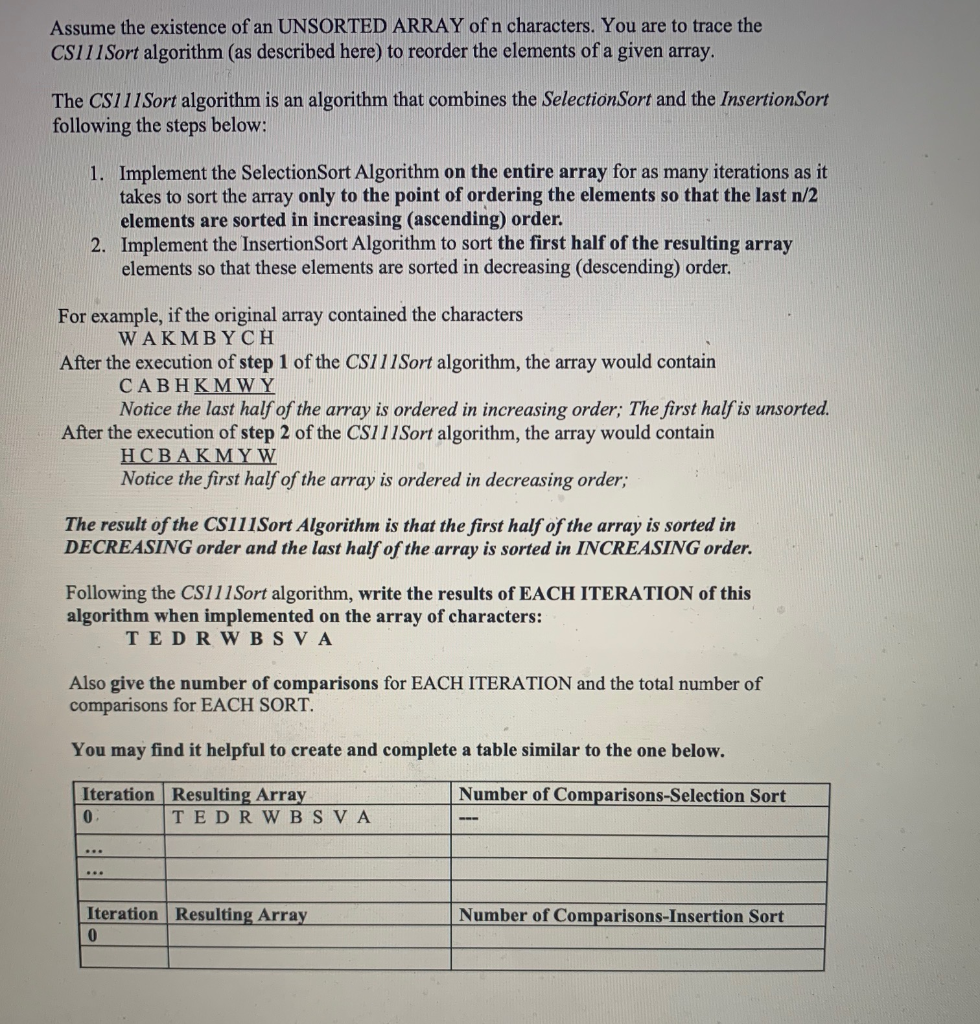 Solved Assume the existence of an UNSORTED ARRAY of n | Chegg.com