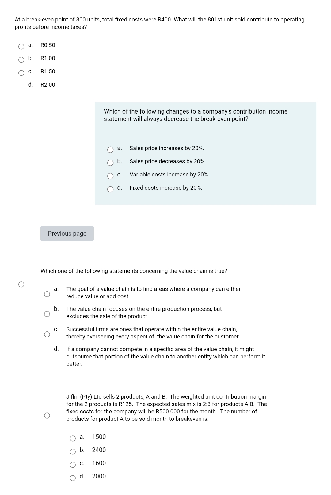 Solved At a break-even point of 800 units, total fixed costs | Chegg.com