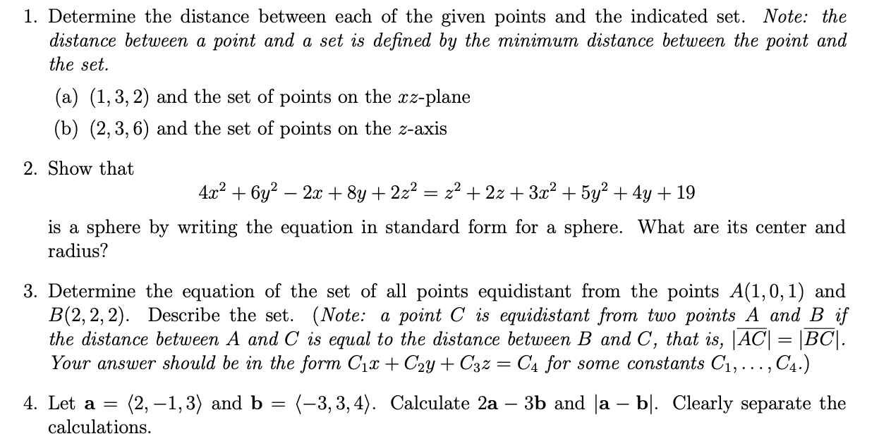 Solved 1. Determine the distance between each of the given | Chegg.com
