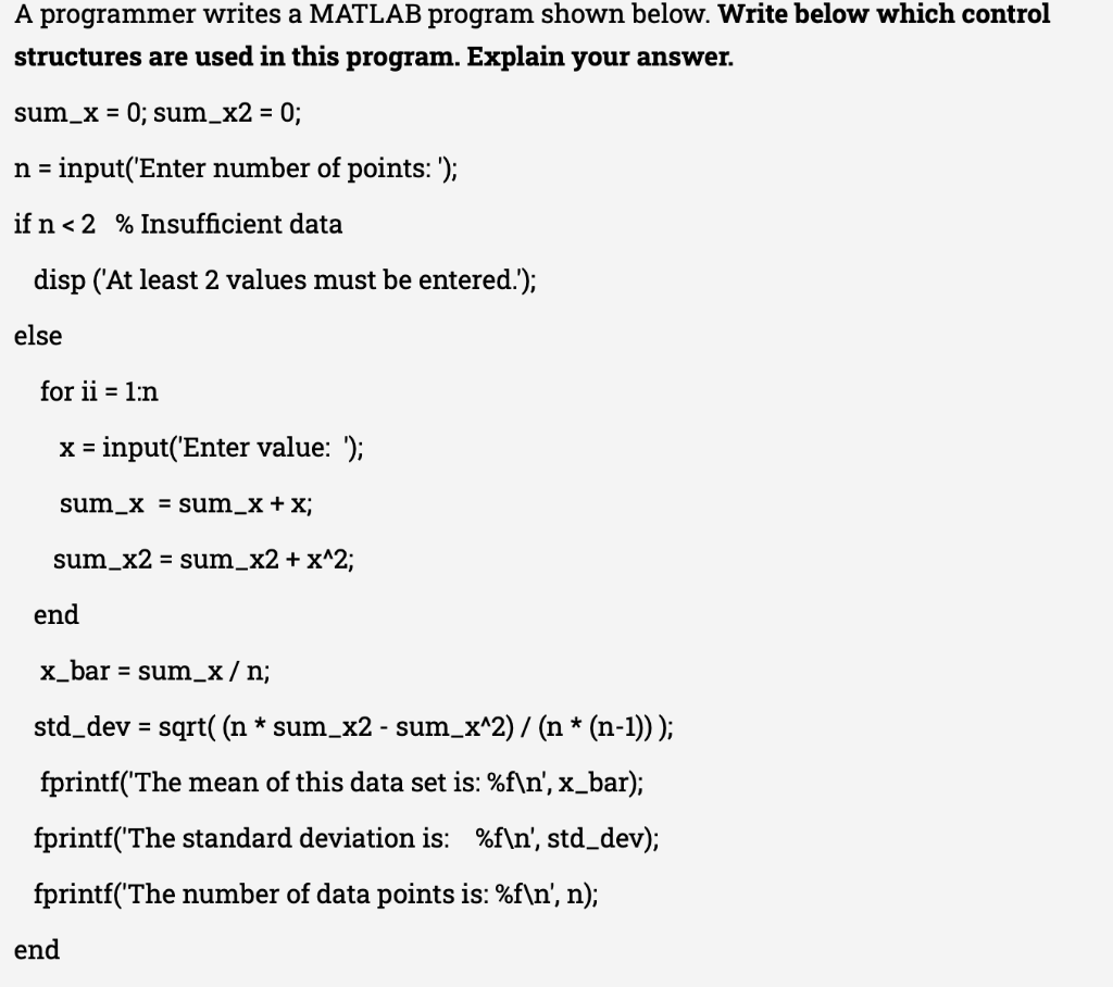 Solved A programmer writes a MATLAB program shown below. | Chegg.com