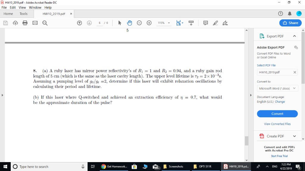 Hw10 2019,pdf - Adobe Acrobat Reader DC File Edit | Chegg.com
