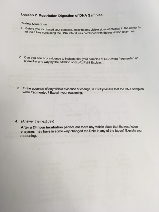 Solved Lesson 2 Restriction Digestion of DNA Samples Review | Chegg.com