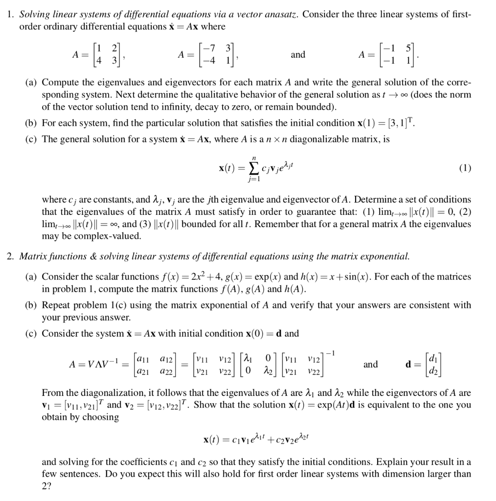 Solved 1. Solving linear systems of differential equations | Chegg.com
