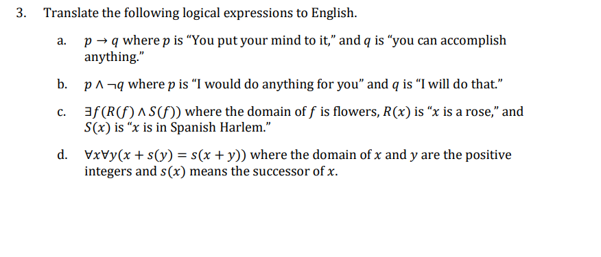 Solved 3. Translate the following logical expressions to | Chegg.com