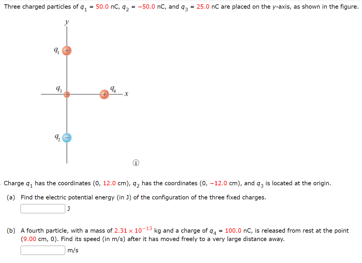 Solved Three charged particles of q1=50.0nC,q2=−50.0nC, and | Chegg.com